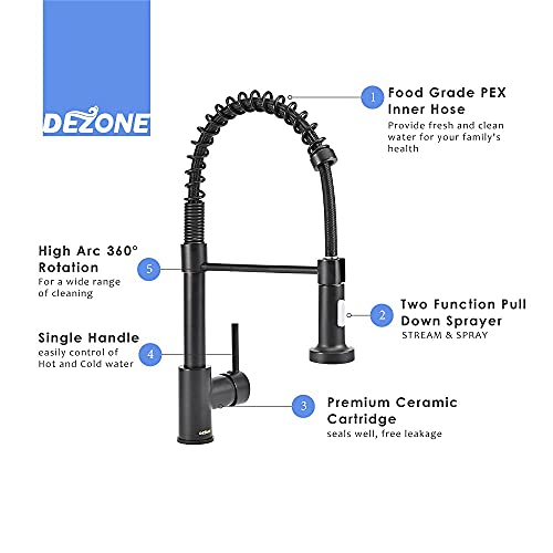 DEZONE Black Kitchen Faucet with Pull Down Sprayer, Deck Mount, Matte Black, Dual Outlet Water, Easy Installation