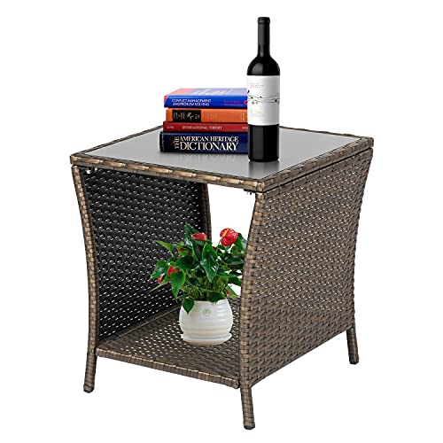 J-SUN-7 Patio Brown Wicker Side Table Outdoor Square Tempered Glass Top End Table with Storage for Patio Courtyard Balcony