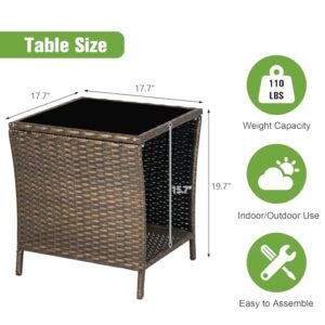 J-SUN-7 Patio Brown Wicker Side Table Outdoor Square Tempered Glass Top End Table with Storage for Patio Courtyard Balcony