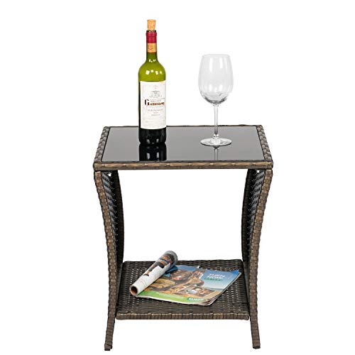 J-SUN-7 Patio Brown Wicker Side Table Outdoor Square Tempered Glass Top End Table with Storage for Patio Courtyard Balcony