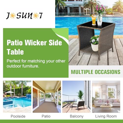 J-SUN-7 Patio Brown Wicker Side Table Outdoor Square Tempered Glass Top End Table with Storage for Patio Courtyard Balcony