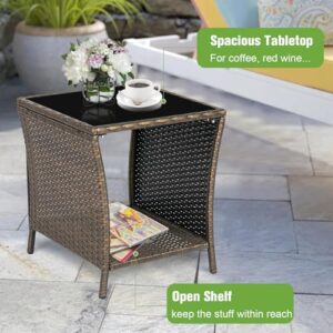 J-SUN-7 Patio Brown Wicker Side Table Outdoor Square Tempered Glass Top End Table with Storage for Patio Courtyard Balcony