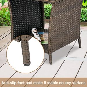 J-SUN-7 Patio Brown Wicker Side Table Outdoor Square Tempered Glass Top End Table with Storage for Patio Courtyard Balcony