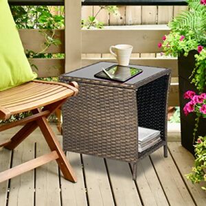 J-SUN-7 Patio Brown Wicker Side Table Outdoor Square Tempered Glass Top End Table with Storage for Patio Courtyard Balcony