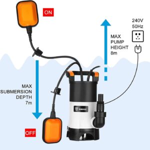 DEKO Sump Pump 1HP 3698GPH 750W Submersible Water Pump with Float Switch and Max Flow 14000L/H for Swimming Pool, Tub, and Garden Irrigation and Long 16ft Cable