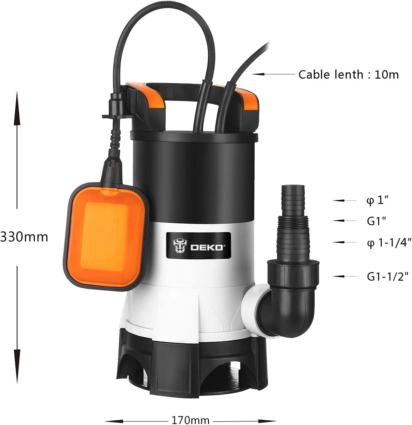 DEKO Sump Pump 1HP 3698GPH 750W Submersible Water Pump with Float Switch and Max Flow 14000L/H for Swimming Pool, Tub, and Garden Irrigation and Long 16ft Cable