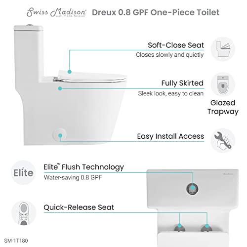 Swiss Madison Well Made Forever SM-1T180, Dreux High Efficiency One Piece Elongated Toilet with 0.8 GPF Water Saving Patented Technology