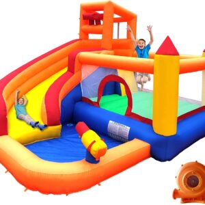 HuaKastro Inflatable Bounce House Water Slide with Blower, 5 in 1 Backyard Water Park W/Climbing Wall, Splash Pool, Jumping Castle, Water Slide, Cannon, Bucket Dump for Indoor Outdoor Parties