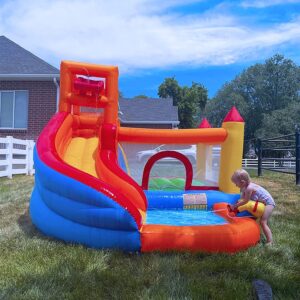 HuaKastro Inflatable Bounce House Water Slide with Blower, 5 in 1 Backyard Water Park W/Climbing Wall, Splash Pool, Jumping Castle, Water Slide, Cannon, Bucket Dump for Indoor Outdoor Parties