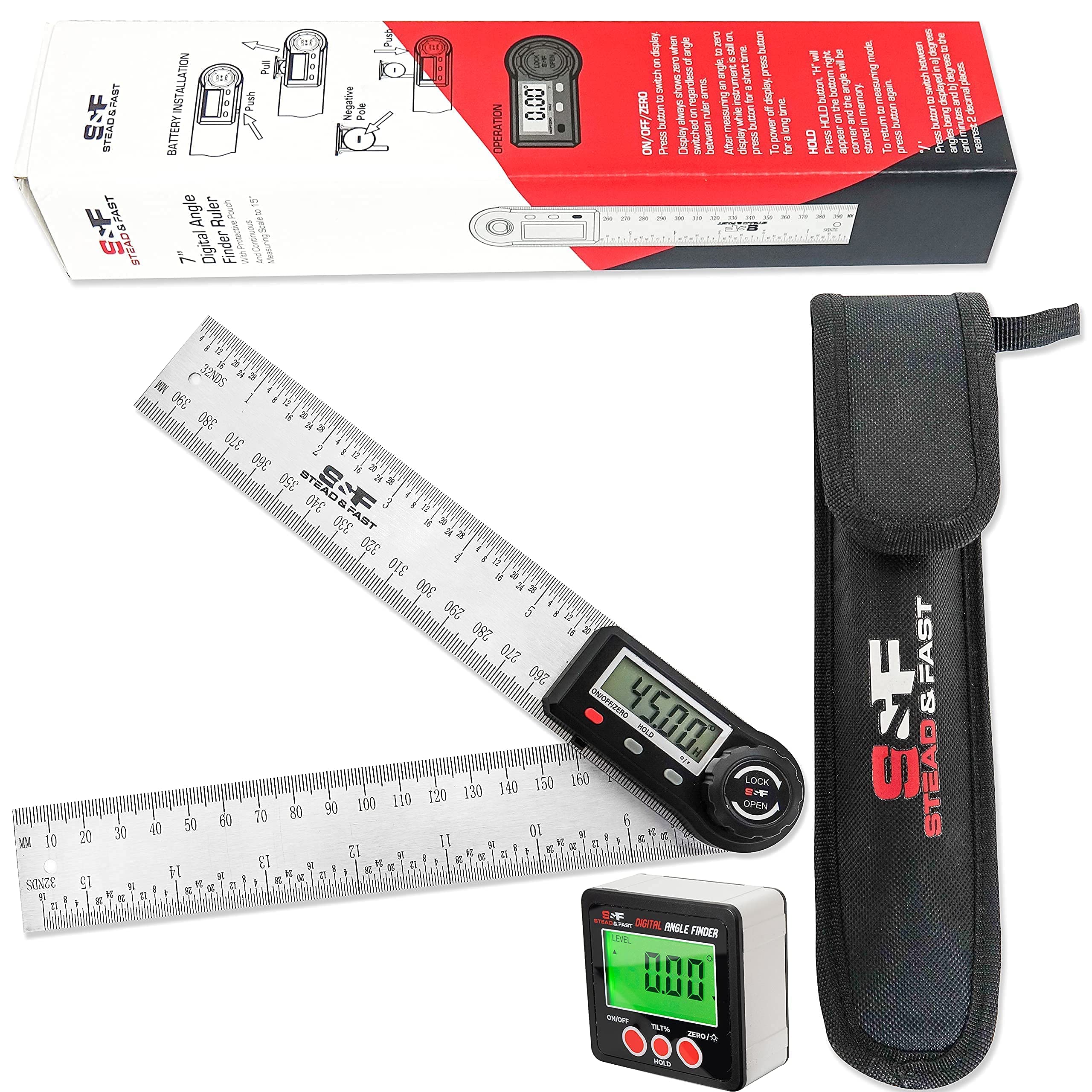 Digital Angle Finder Tool 7 Inch / 180 mm with Pouch/Digital Angle Finder Gauge with Magnetic Base and Backlight Bundle for Woodworking Measurement, Angle Measuring Tool by S&F STEAD & FAST