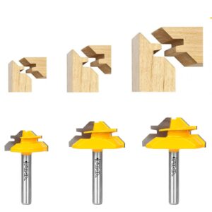 mna 45 degree lock miter router bit 3-piece set, for 1/2”, 5/8”, 3/4” cutting height, 1/4 inch shank. easy to create lock miter joint