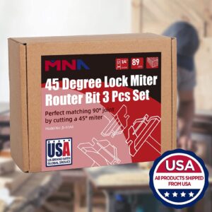 MNA 45 Degree Lock Miter Router Bit 3-Piece Set, for 1/2”, 5/8”, 3/4” Cutting Height, 1/4 Inch Shank. Easy to Create Lock Miter Joint