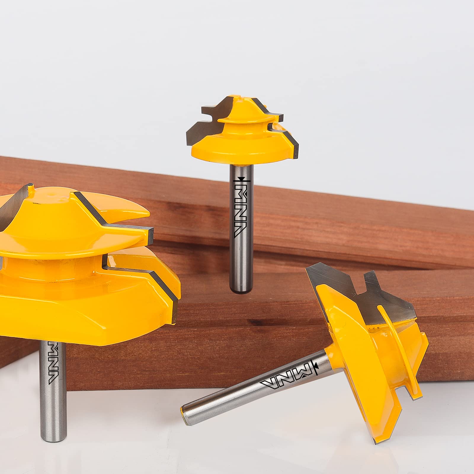 MNA 45 Degree Lock Miter Router Bit 3-Piece Set, for 1/2”, 5/8”, 3/4” Cutting Height, 1/4 Inch Shank. Easy to Create Lock Miter Joint