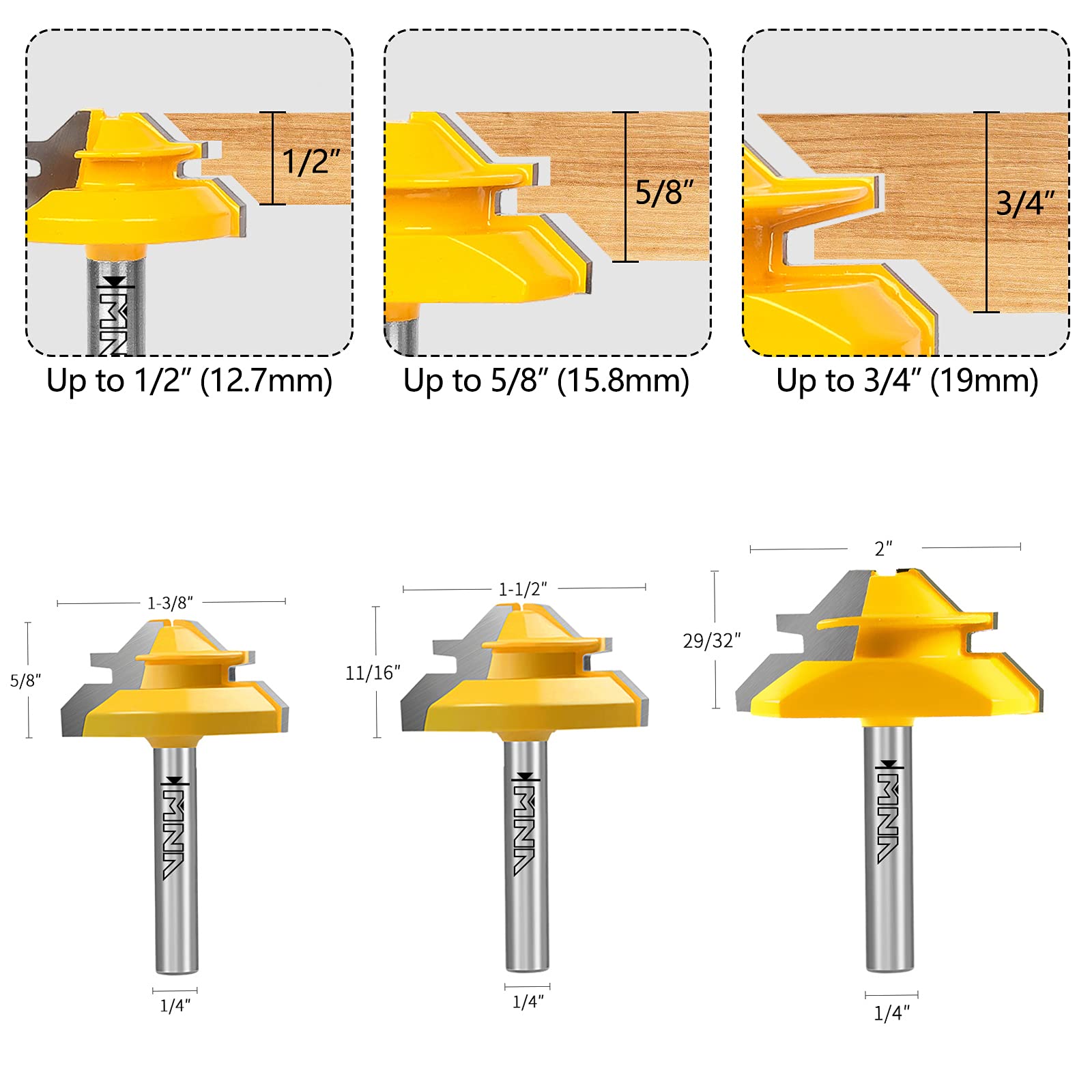 MNA 45 Degree Lock Miter Router Bit 3-Piece Set, for 1/2”, 5/8”, 3/4” Cutting Height, 1/4 Inch Shank. Easy to Create Lock Miter Joint