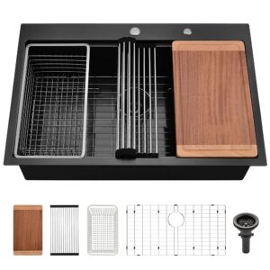 33 black drop in kitchen sink workstation-vasoyo 33x22 inch drop n topmount kitchen sink gunmetal black stainless steel sink 16 gauge 10 inch deep single bowl kitchen sink with cutting board&colander