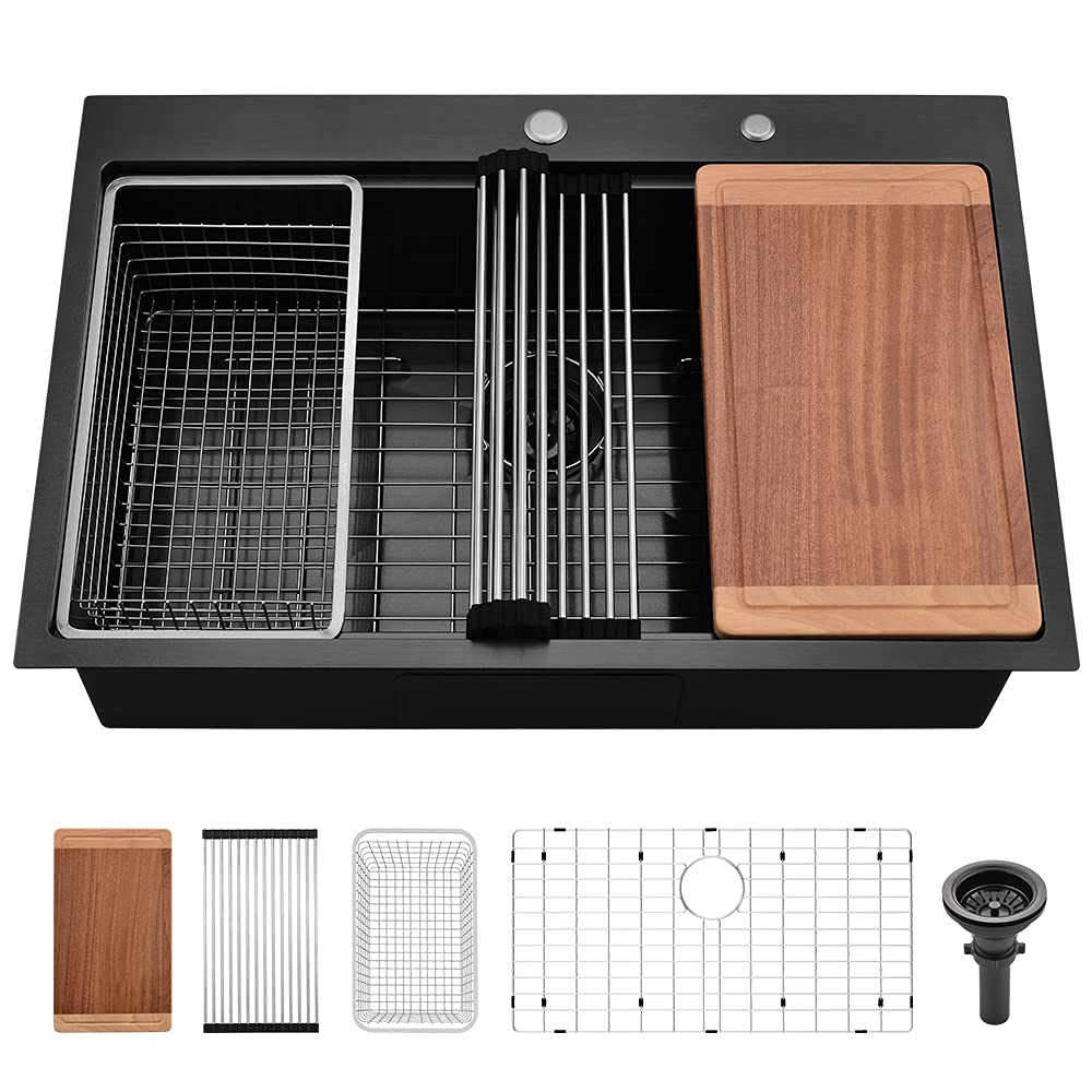 33 Black Drop In Kitchen Sink Workstation-VASOYO 33x22 Inch Drop n Topmount Kitchen Sink Gunmetal Black Stainless Steel Sink 16 Gauge 10 Inch Deep Single Bowl Kitchen Sink with Cutting Board&Colander