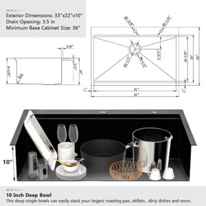 33 Black Drop In Kitchen Sink Workstation-VASOYO 33x22 Inch Drop n Topmount Kitchen Sink Gunmetal Black Stainless Steel Sink 16 Gauge 10 Inch Deep Single Bowl Kitchen Sink with Cutting Board&Colander