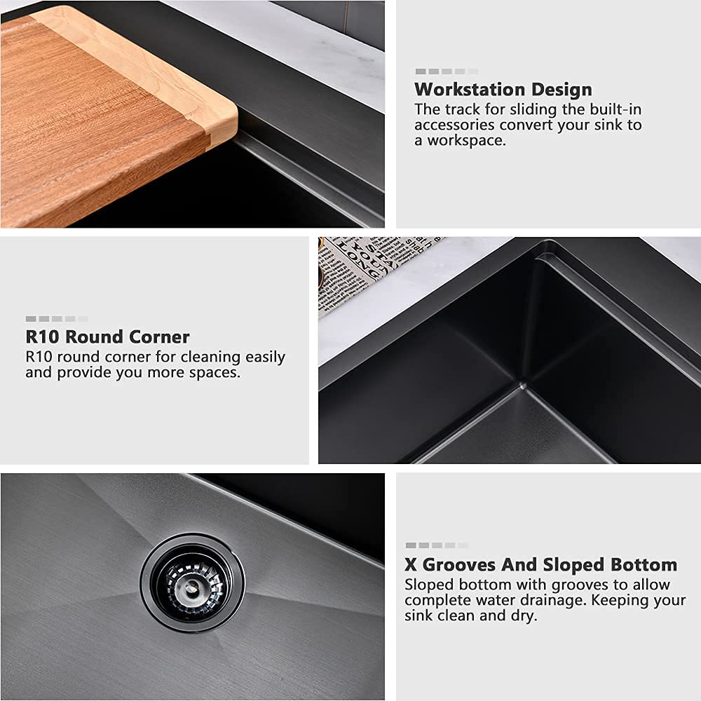 33 Black Drop In Kitchen Sink Workstation-VASOYO 33x22 Inch Drop n Topmount Kitchen Sink Gunmetal Black Stainless Steel Sink 16 Gauge 10 Inch Deep Single Bowl Kitchen Sink with Cutting Board&Colander