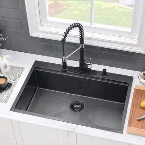 33 Black Drop In Kitchen Sink Workstation-VASOYO 33x22 Inch Drop n Topmount Kitchen Sink Gunmetal Black Stainless Steel Sink 16 Gauge 10 Inch Deep Single Bowl Kitchen Sink with Cutting Board&Colander