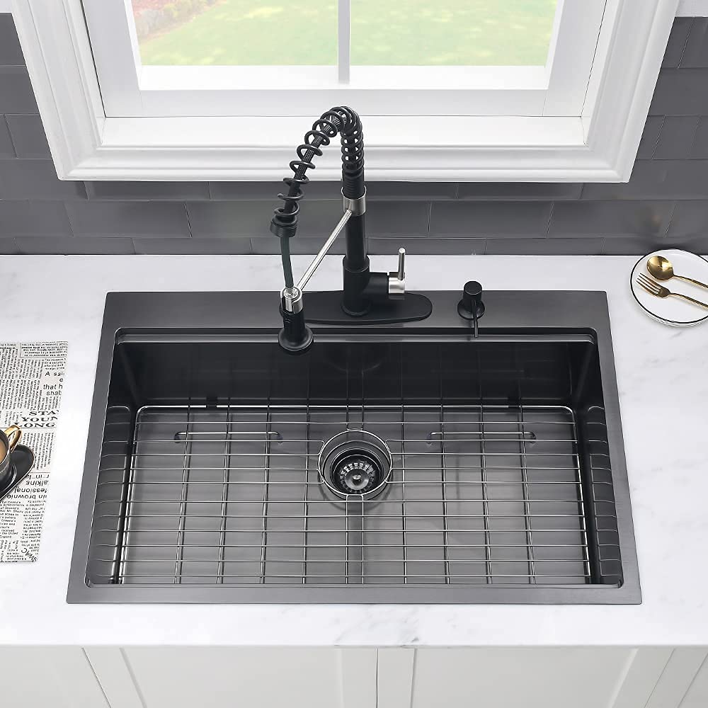 33 Black Drop In Kitchen Sink Workstation-VASOYO 33x22 Inch Drop n Topmount Kitchen Sink Gunmetal Black Stainless Steel Sink 16 Gauge 10 Inch Deep Single Bowl Kitchen Sink with Cutting Board&Colander