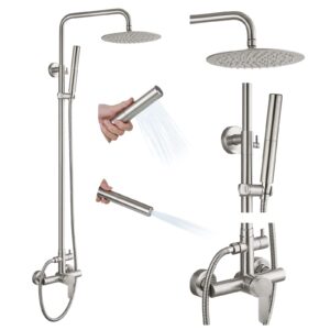 gotonovo outdoor shower faucet sets brushed nickel 304 stainless steel shower head with 2 in 1 cylinder handheld spray 2 function exposed shower combo set wall mount single handle