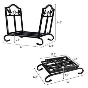 GOFLAME Firewood Log Rack Foldable, Indoor Outdoor Firewood Holder Stacker with Decorative Leaf Pattern and Arched Feet, Patio Firewood Storage Holder for Fireplace Pit