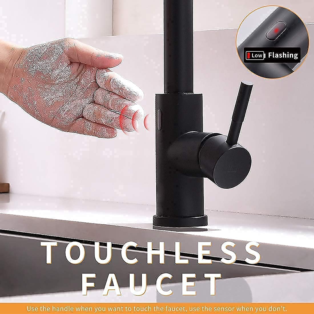 GIMILI Touchless Spring Kitchen Faucet with Deck Plate,Matte Black