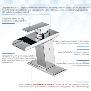 Y-Garhe LED Bathroom Sink Faucet - Chrome Single Hole or 4 Inch Centerset Waterfall Faucet with Stainless Steel Spout and Temperature-Sensitive LED Lights, Includes Deck Plate