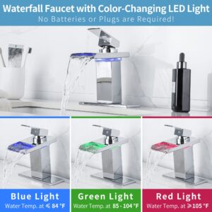 Y-Garhe LED Bathroom Sink Faucet - Chrome Single Hole or 4 Inch Centerset Waterfall Faucet with Stainless Steel Spout and Temperature-Sensitive LED Lights, Includes Deck Plate