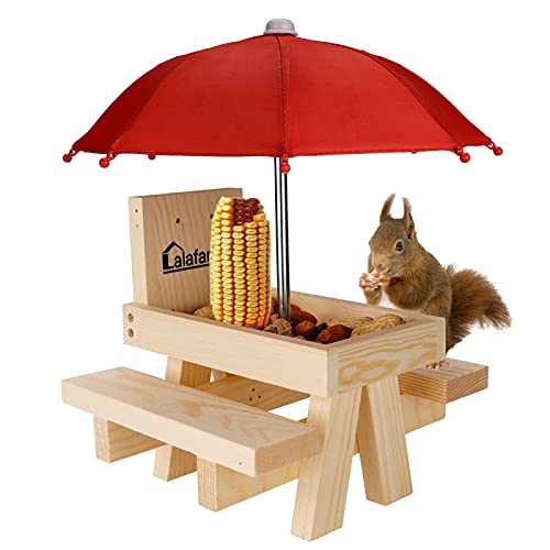 Squirrel Table Feeder with Umbrella, Lalafancy Wooden Picnic Table Feeder for Squirrels with Corn Cob Holder, Squirrel and Chipmunk Gifts for Squirrel Lovers, Built Strong from Pine Wood