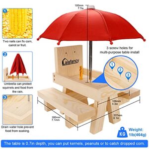 Squirrel Table Feeder with Umbrella, Lalafancy Wooden Picnic Table Feeder for Squirrels with Corn Cob Holder, Squirrel and Chipmunk Gifts for Squirrel Lovers, Built Strong from Pine Wood