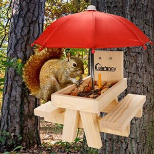 Squirrel Table Feeder with Umbrella, Lalafancy Wooden Picnic Table Feeder for Squirrels with Corn Cob Holder, Squirrel and Chipmunk Gifts for Squirrel Lovers, Built Strong from Pine Wood