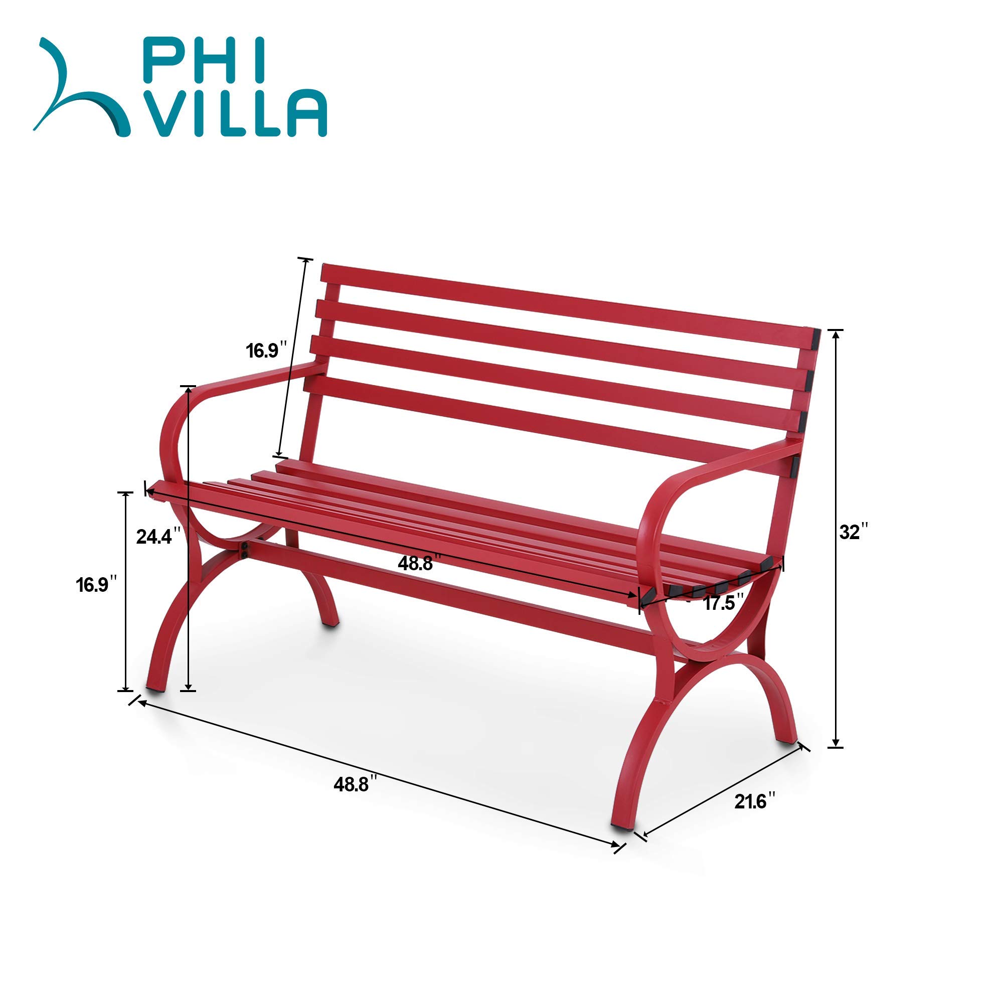 PHI VILLA Outdoor Garden Bench, 48” Long Metal Steel Bench with Backrest and Armrests, Modern Slatted Design for Patio, Lawn, Balcony, Yard, Porch and Indoor - Red