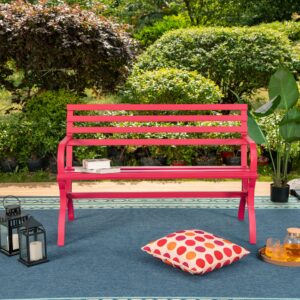 PHI VILLA Outdoor Garden Bench, 48” Long Metal Steel Bench with Backrest and Armrests, Modern Slatted Design for Patio, Lawn, Balcony, Yard, Porch and Indoor - Red