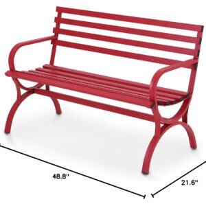 PHI VILLA Outdoor Garden Bench, 48” Long Metal Steel Bench with Backrest and Armrests, Modern Slatted Design for Patio, Lawn, Balcony, Yard, Porch and Indoor - Red