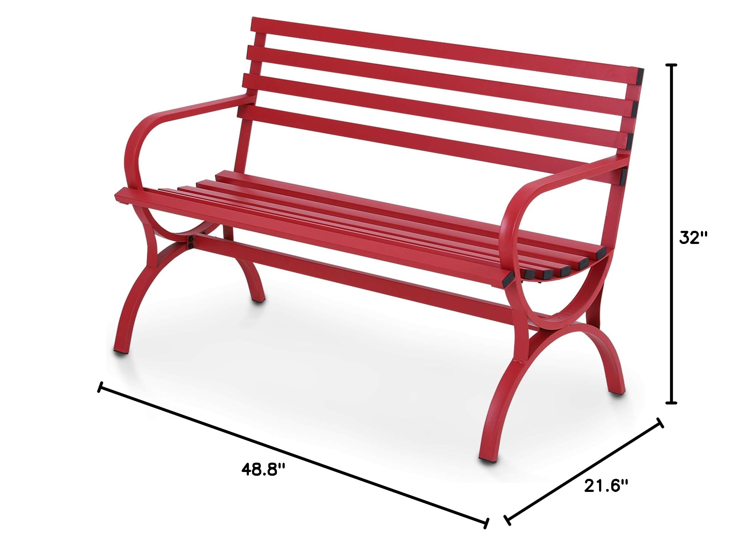 PHI VILLA Outdoor Garden Bench, 48” Long Metal Steel Bench with Backrest and Armrests, Modern Slatted Design for Patio, Lawn, Balcony, Yard, Porch and Indoor - Red