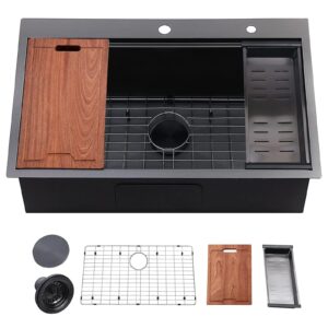 33 inch drop in black kitchen sink workstation-vapsint 33x22 topmount black stainless steel drop-in kitchen sink, handmade single bowl deep kitchen sink with grid,drainer,cutting board and colander