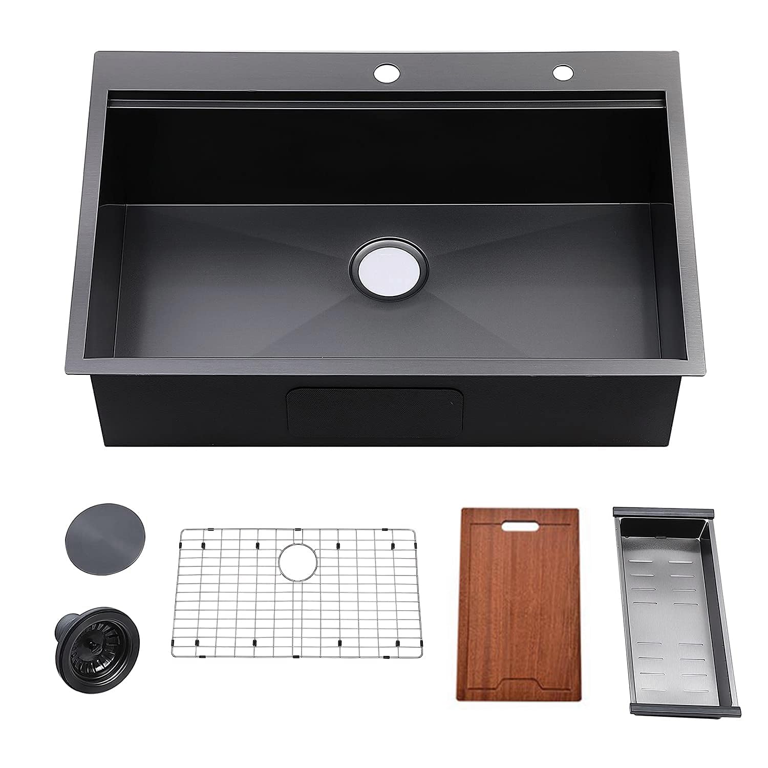 33 Inch Drop In Black Kitchen Sink Workstation-VAPSINT 33x22 Topmount Black Stainless Steel Drop-in Kitchen Sink, Handmade Single Bowl Deep Kitchen Sink with Grid,Drainer,Cutting Board and Colander