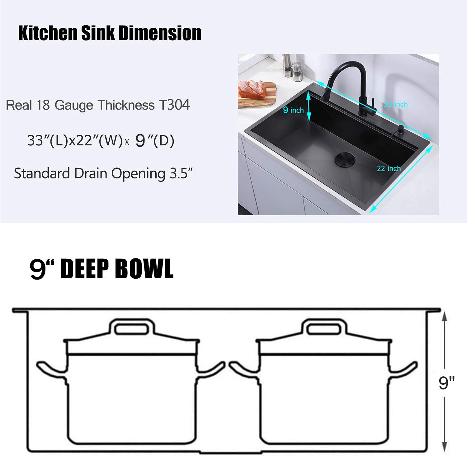 33 Inch Drop In Black Kitchen Sink Workstation-VAPSINT 33x22 Topmount Black Stainless Steel Drop-in Kitchen Sink, Handmade Single Bowl Deep Kitchen Sink with Grid,Drainer,Cutting Board and Colander