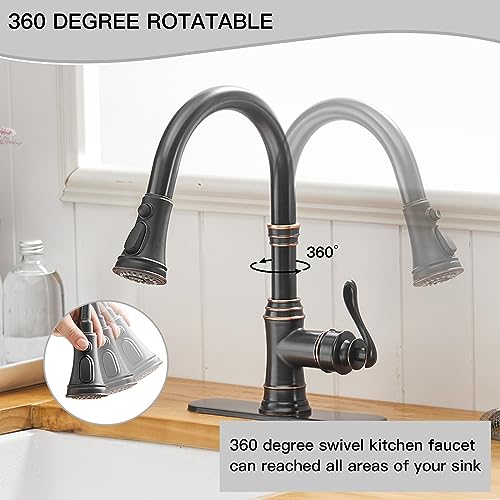 Homevacious Kitchen Faucet Oil Rubbed Bronze with Pull Out Sprayer 3 Spray Modes Single Handle Singe Lever High Arc Farmhouse Kitchen Sink Faucet with Deck Plate Lead-Free Pull Down Sprayer