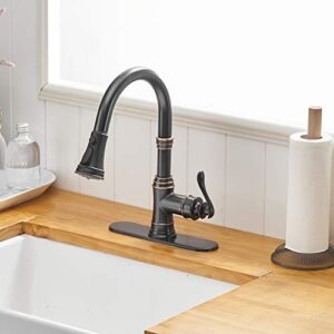 Homevacious Kitchen Faucet Oil Rubbed Bronze with Pull Out Sprayer 3 Spray Modes Single Handle Singe Lever High Arc Farmhouse Kitchen Sink Faucet with Deck Plate Lead-Free Pull Down Sprayer