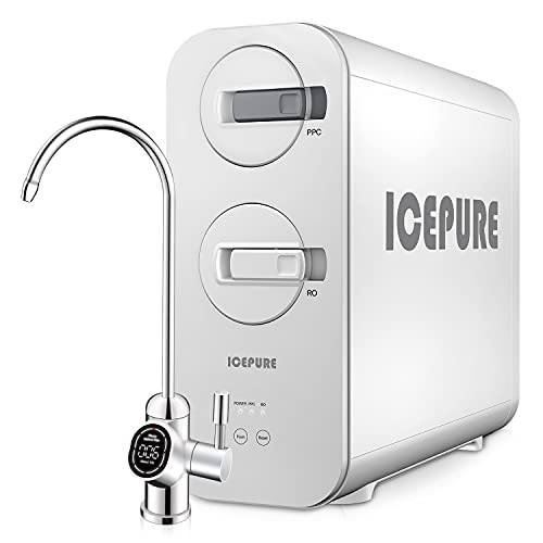 ICEPURE Tankless Reverse Osmosis System, 600 GPD Under Sink RO Water Filtration System, Smart Faucet, TDS Reduction, 1.5:1 Pure to Drain, UTR400A TDS Reduction, Remove 99.99% PFAS&PFOA&PFOS, UL， White