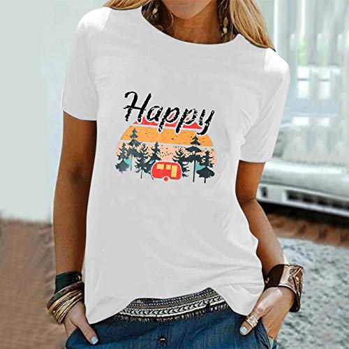 wodceeke Women's Landscape Print Loose T-shirt Short Sleeve Round Neck Basic Tee Summer Vacation Casual Blouse Tops (White, S)