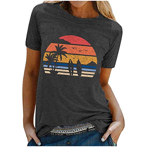 wodceeke Retro Beach Print T-shirt For Women Short Sleeve Round Neck Basic Tee Summer Casual Sports Tops (Dark Gray, M)