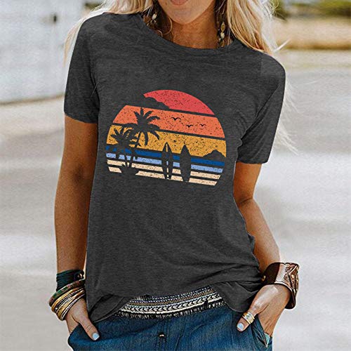 wodceeke Retro Beach Print T-shirt For Women Short Sleeve Round Neck Basic Tee Summer Casual Sports Tops (Dark Gray, M)