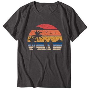 wodceeke Retro Beach Print T-shirt For Women Short Sleeve Round Neck Basic Tee Summer Casual Sports Tops (Dark Gray, M)