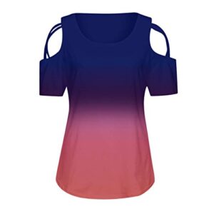 wodceeke Women's Gradient Stitching Off/Cold Shoulder Short-Sleeve T-Shirt Round Neck Plus Size Tee Summer Casual Top (Purple, XL)