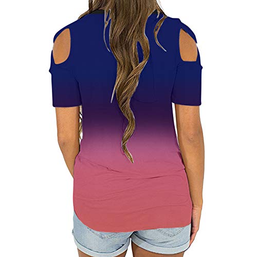 wodceeke Women's Gradient Stitching Off/Cold Shoulder Short-Sleeve T-Shirt Round Neck Plus Size Tee Summer Casual Top (Purple, XL)