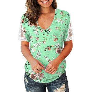 wodceeke women's lace short-sleeved floral t-shirt v-neck plus size stitching tee summer casual sports top (green, xl)