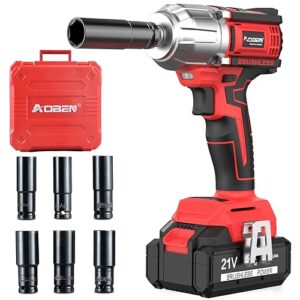 aoben 21v cordless high torque impact wrench 1/2 inch, powerful brushless motor with max torque 450 ft-lb (600n.m), 4.0ah battery, 6 pcs sockets (17-22mm), fast charger and tool box